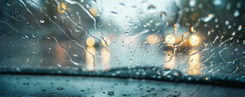 Rainy Windshield Perspective with Glowing Headlights Ahead. Stock Photo ...