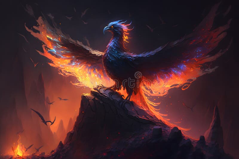 Raise of Burning Bird Phoenix in the Volcanic Landscape. Neural Network ...
