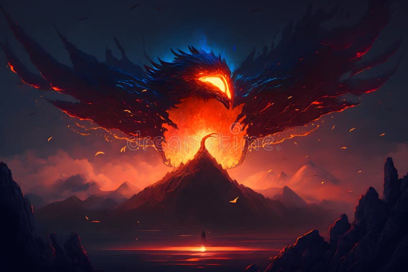 Raise of Burning Bird Phoenix in the Volcanic Landscape. Neural Network ...