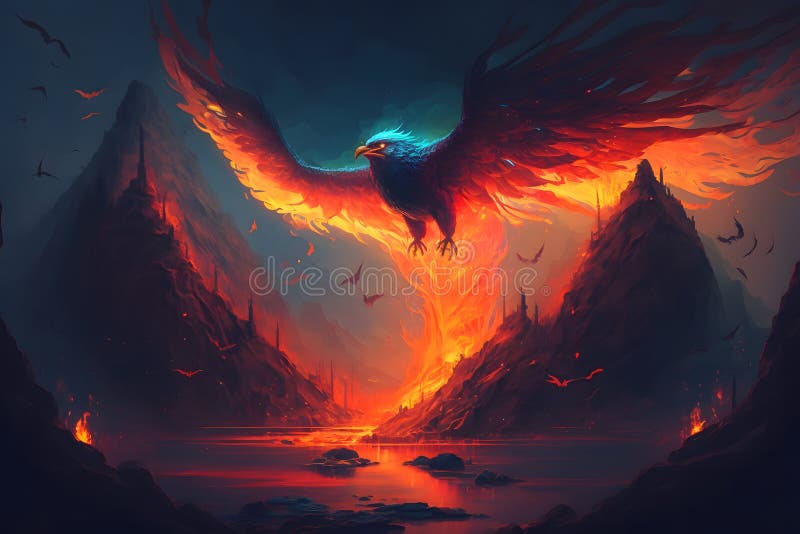 Raise of Burning Bird Phoenix in the Volcanic Landscape. Neural Network ...