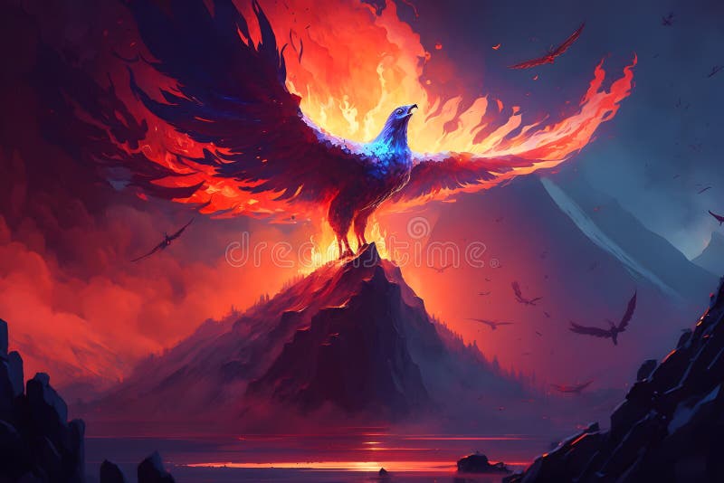 Raise of Burning Bird Phoenix in the Volcanic Landscape. Neural Network ...