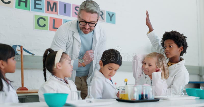 Raise Hands, Science and Teacher with Children for a Project, Test or ...