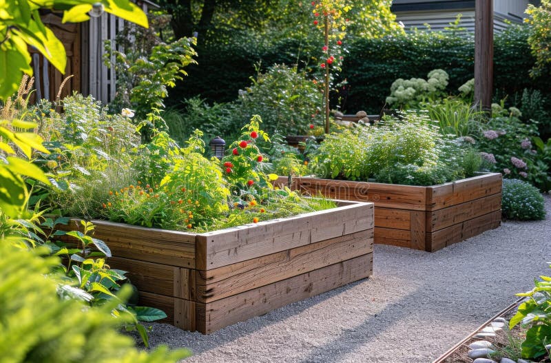 A Raised Bed Garden with Two Wooden Boxes in the Middle Stock Image ...