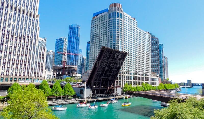 Raised Bridge on Chicago River Stock Image - Image of illinois ...