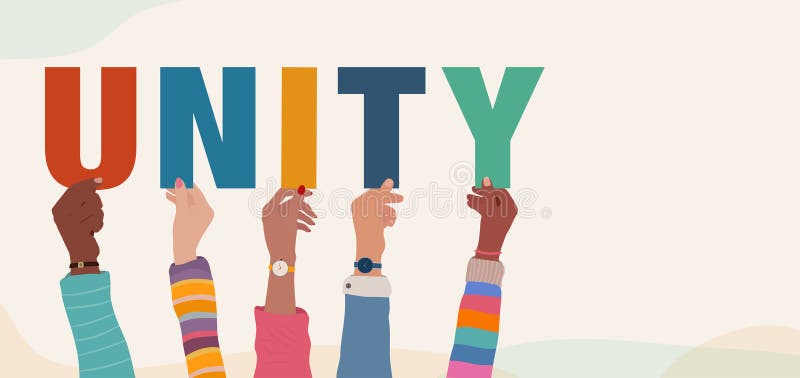 Raised Diverse Hands Holding Letters Spelling UNITY. Multicultural ...