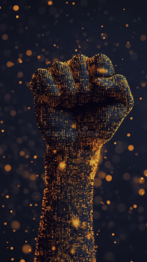 Digital Binary Peace Sign Hand Raised High with Glowing Orange Lights ...