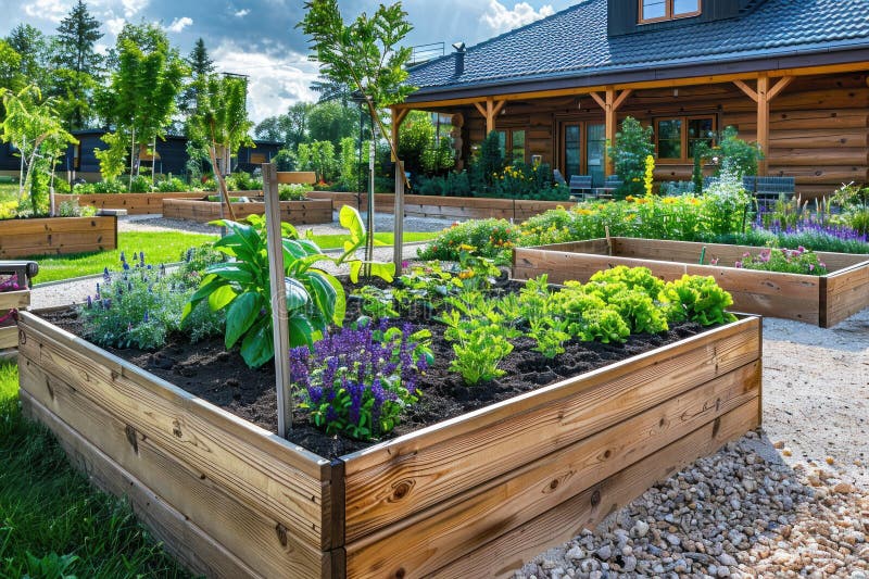 Raised Garden Beds Filled with Lush Greenery in Front of a Rustic ...