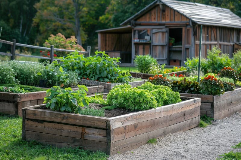 Raised Garden Beds Filled with Lush Greenery in Front of a Rustic ...