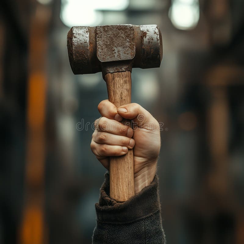 Raised Hammer Against Industrial Backdrop with Smoke Stock Image ...