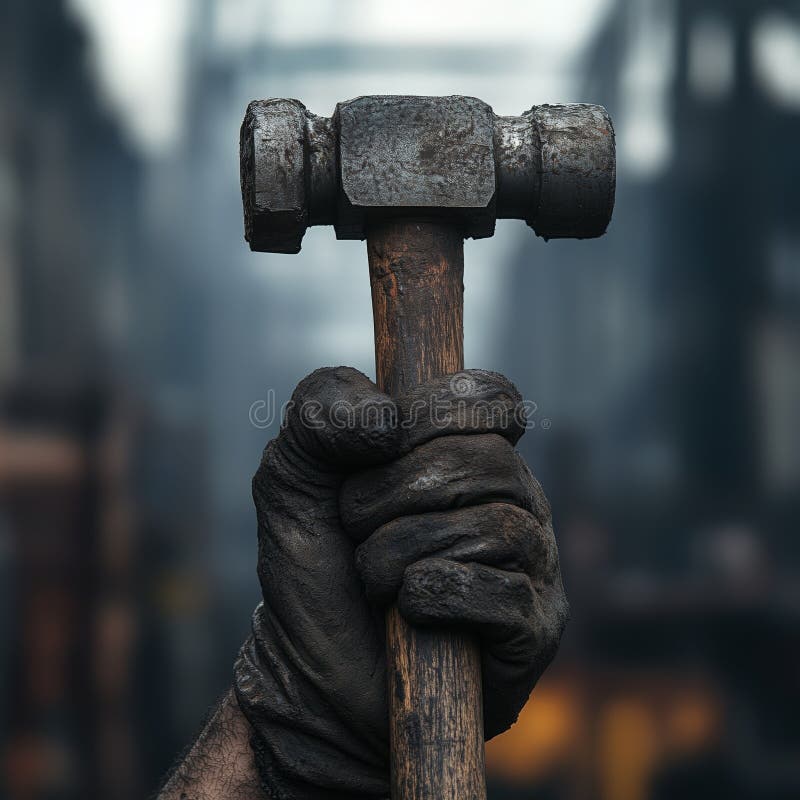 Raised Hammer Against Industrial Backdrop with Smoke Stock Image ...