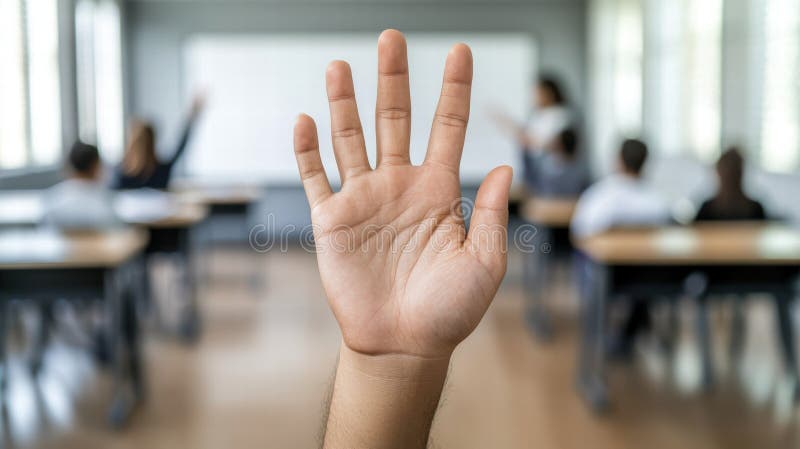 Raised hand in classroom stock illustration. Illustration of learning ...