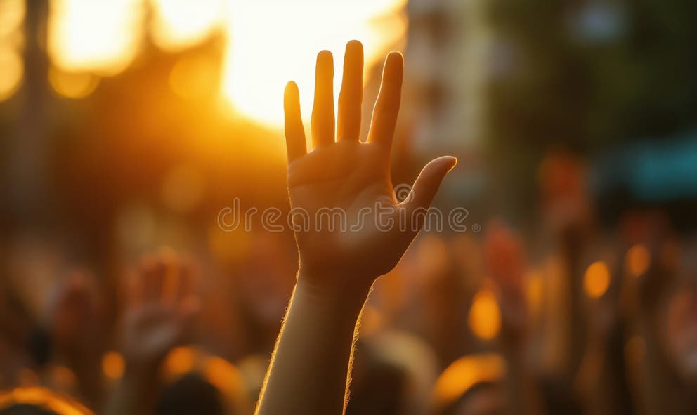 Raised Hand in Crowd during Sunset Symbolizing Unity and Hope Stock ...
