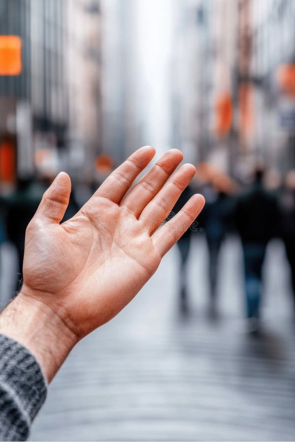 Raised Hand Gesture in Urban Street Setting with Blurred Pedestrian ...