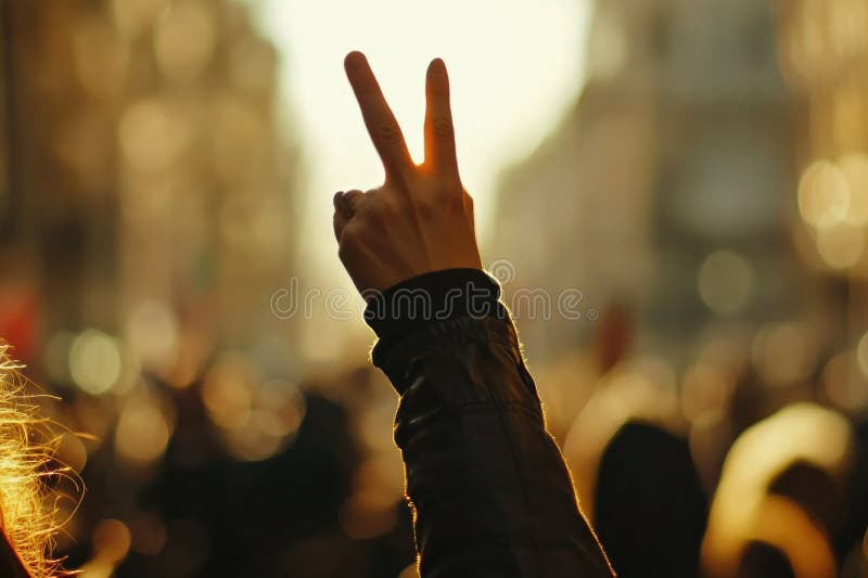 Raised Hand Making a Peace Gesture in Front of Enthusiastic Crowd ...