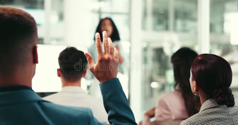Raised Hand, Person and Question in Audience, Business People and ...