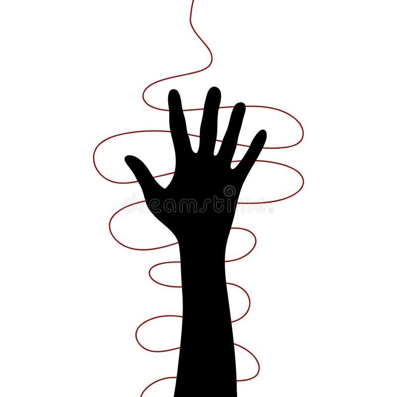 Raised Hand with Trapped in Red Tangled Strings. Gesture, Sign of Help ...