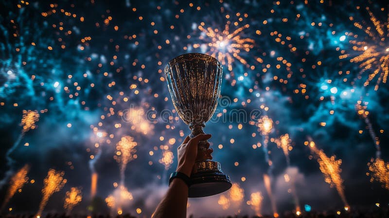 A Raised Hand Triumphantly Displays a Winners Trophy As Fireworks ...