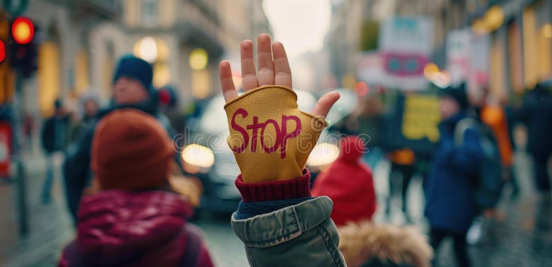 Raised Hand in a Yellow Glove with Stop Sign in a Protest Crowd. Stock ...