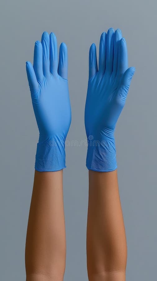 Raised Hands in Blue Latex Gloves on Neutral Background Stock Photo ...