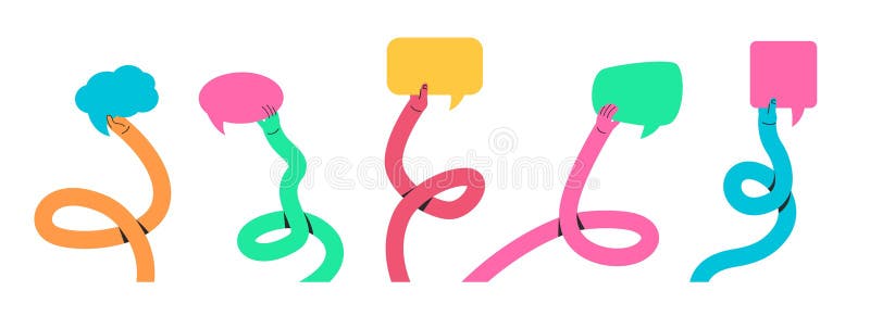Raised Hands Holding Speech Bubbles. Doodle Long Twisted Flexible Arm ...