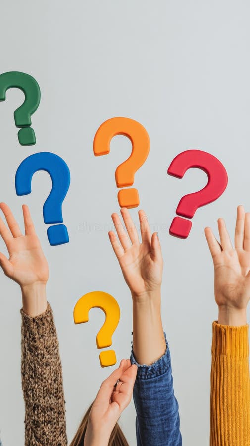 Raised Hands Reaching Towards Colorful Question Marks Against a Light ...