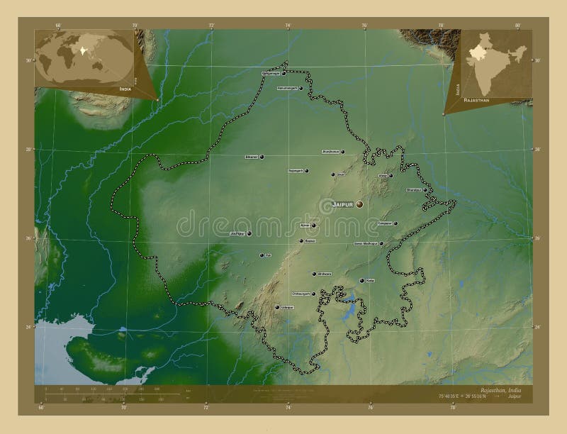 Rajasthan, India. Physical. Labelled Points of Cities Stock Photo ...