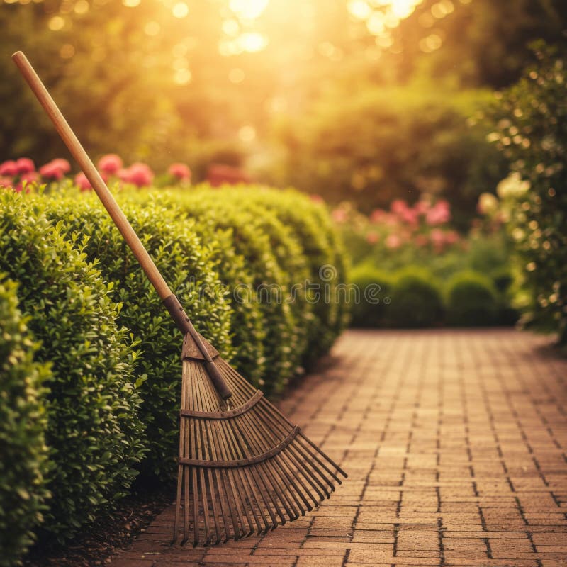 Rake Leaning Against Green Hedge on Brick Path in Sunlight Stock ...