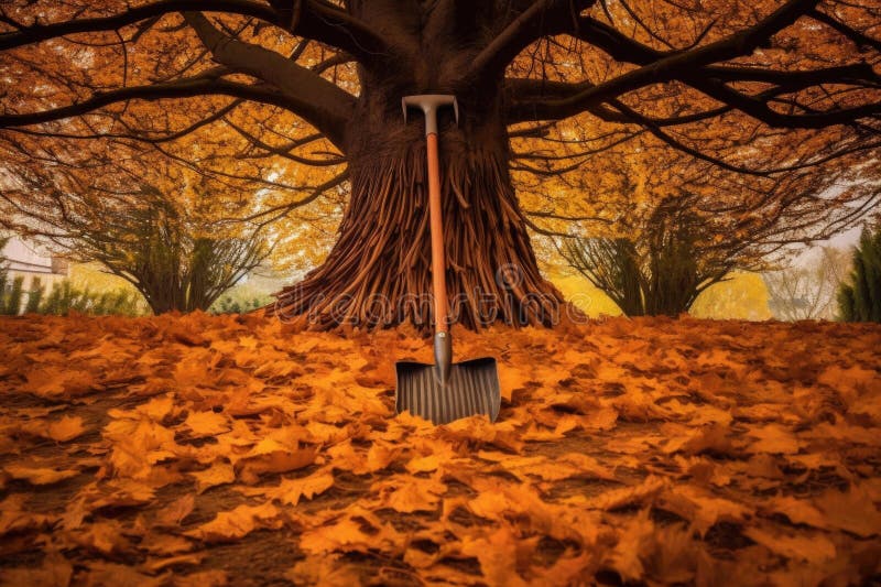 Rake Leaning Against a Tree Surrounded by Leaves Stock Illustration ...