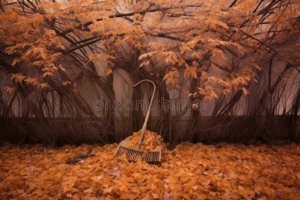 Rake Resting Against a Tree with Leaves Scattered Around Stock ...