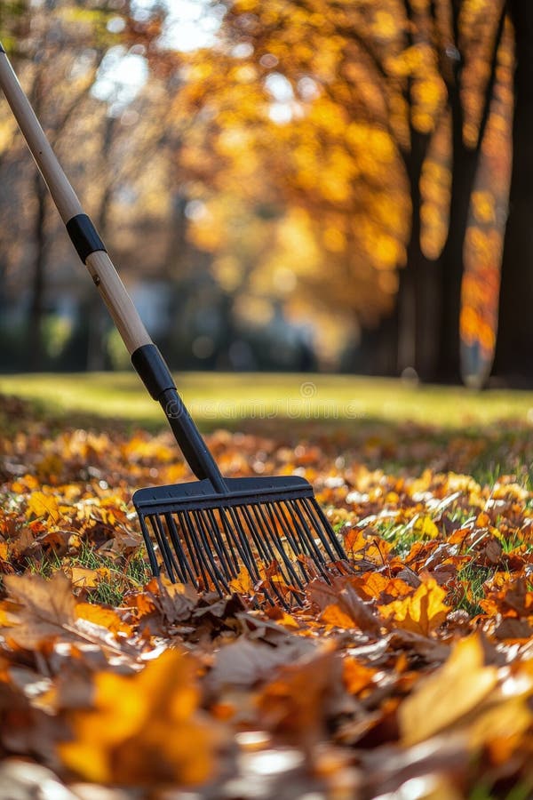 Rake Resting in Vibrant Autumn Leaves at a Park during Sunset Stock ...