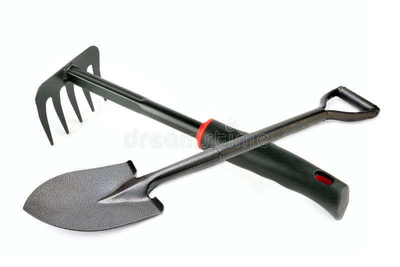 Rake and Shovel Isolated on White, Top View. Gardening Tool Stock Photo ...