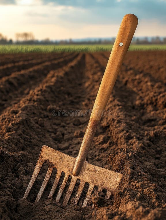Rake Standing in Plowed Soil of a Field at Sunset. Stock Image - Image ...
