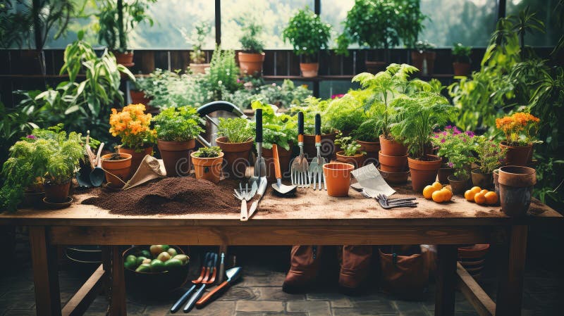 Rake tools on table stock illustration. Illustration of compost - 361320197