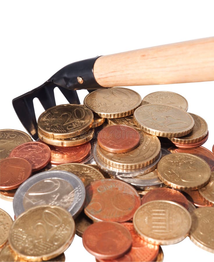 Rakes and pile of coins. stock image. Image of isolated - 25016571