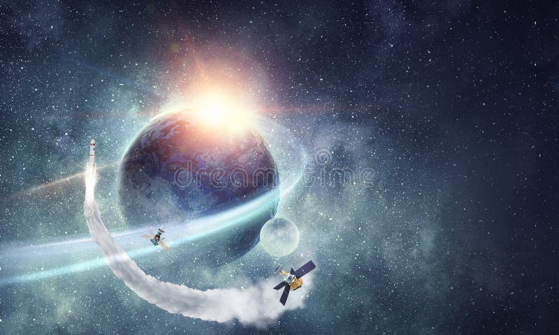 Raket Die in Ruimte Vliegen Gemengde Media Stock Illustratie ...