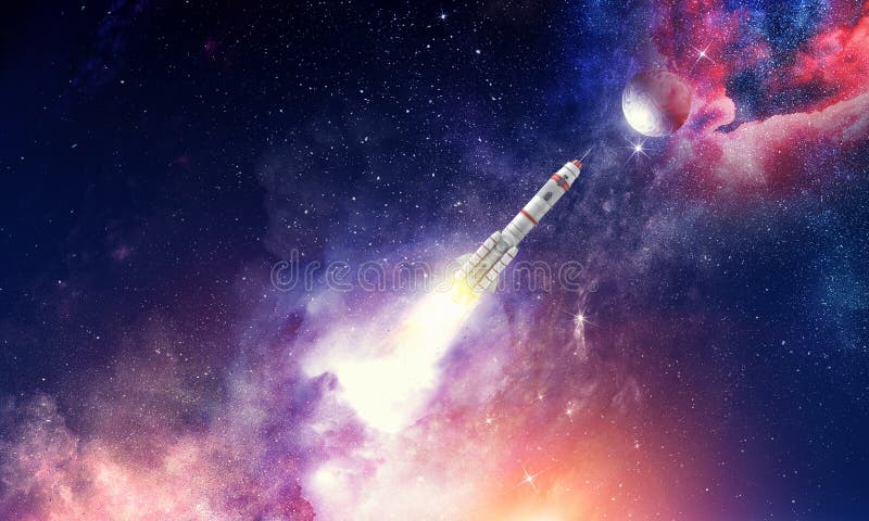 Shuttlelancering in De Wolken Naar De Ruimte. Donkere Ruimte Met ...