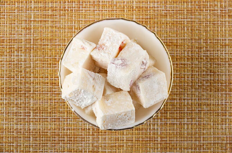 Rakhat-lukum with Cherry in Bowl on Mat. Top View Stock Photo - Image ...