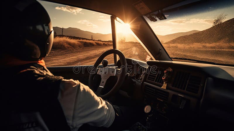 Rally Car Driver Sitting by the Steering Wheel in the Sunset Rays ...