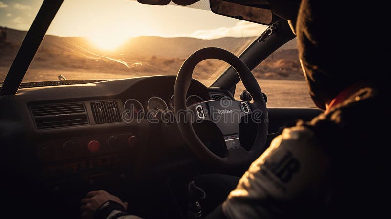 Rally Car Driver Sitting by the Steering Wheel in the Sunset Rays ...