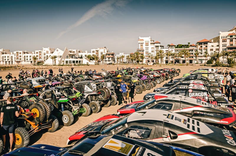Rally Raid Vehicles Lined Up on the Beach of Agadir at the Start of the ...