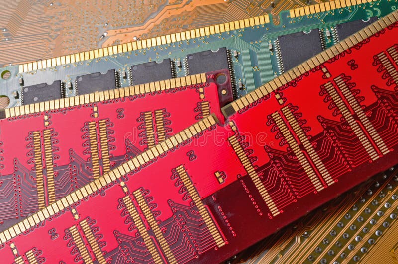 RAM Card, Green and Red Colors Lying on the Motherboard Stock Image ...