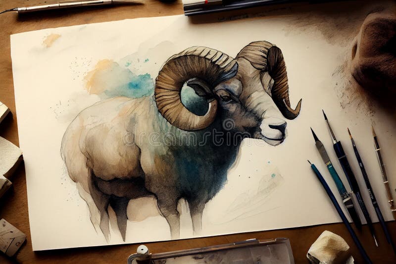Ram Drawing with Bit of Watercolour Stock Illustration - Illustration ...