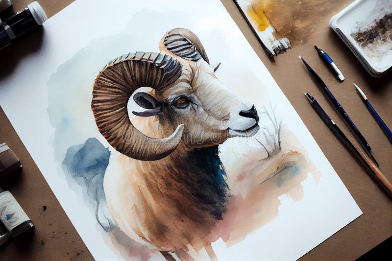 Ram Drawing with Bit of Watercolour Stock Illustration - Illustration ...