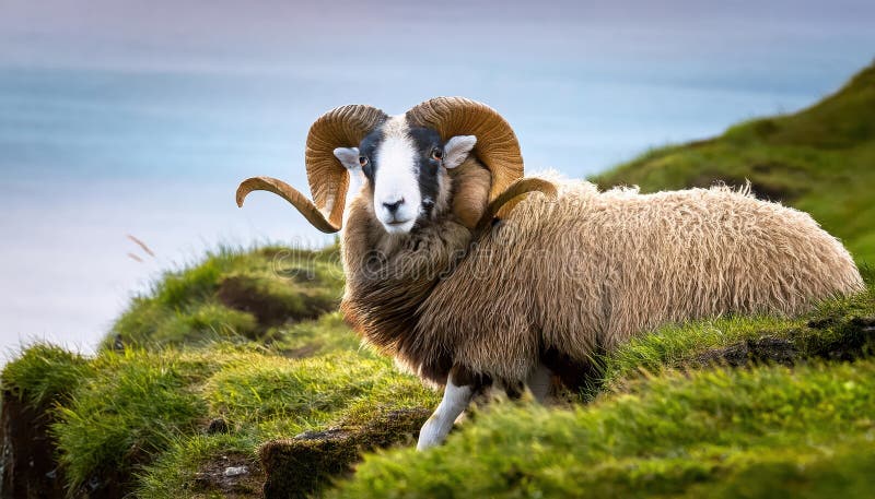 Ram Grazing on the Dramatic Cliffs of Mykines, Isolated Against the ...