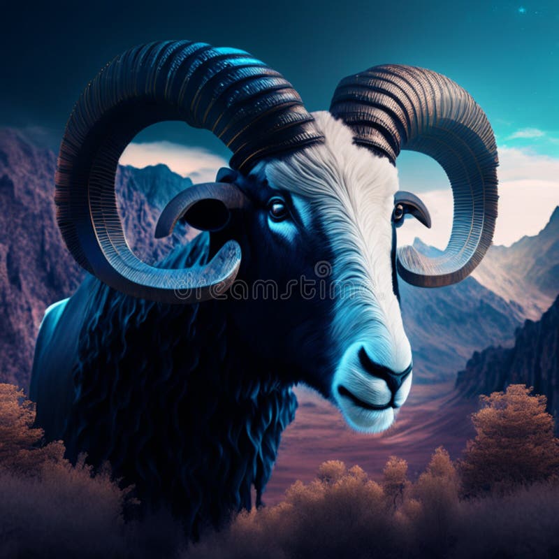 Ram Head on a Background of Mountains and Blue Sky. 3d Rendering ...