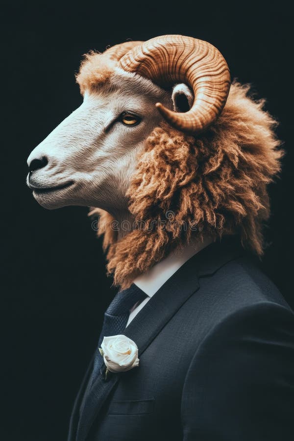Ram Head on Human in Suit, Profile View, on Black Background Surreal ...