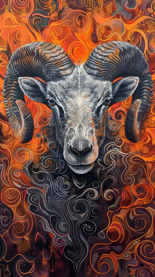 Ram Head Painting with Intricate Fire and Smoke Patterns, Abstract Art ...
