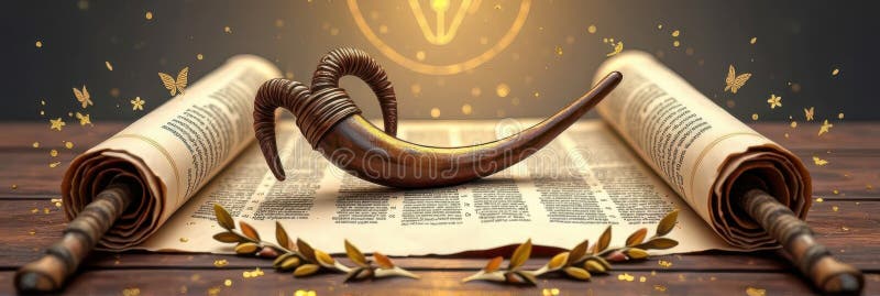 Ram Horn on Ancient Scroll with Glowing Symbols and Butterflies Stock ...