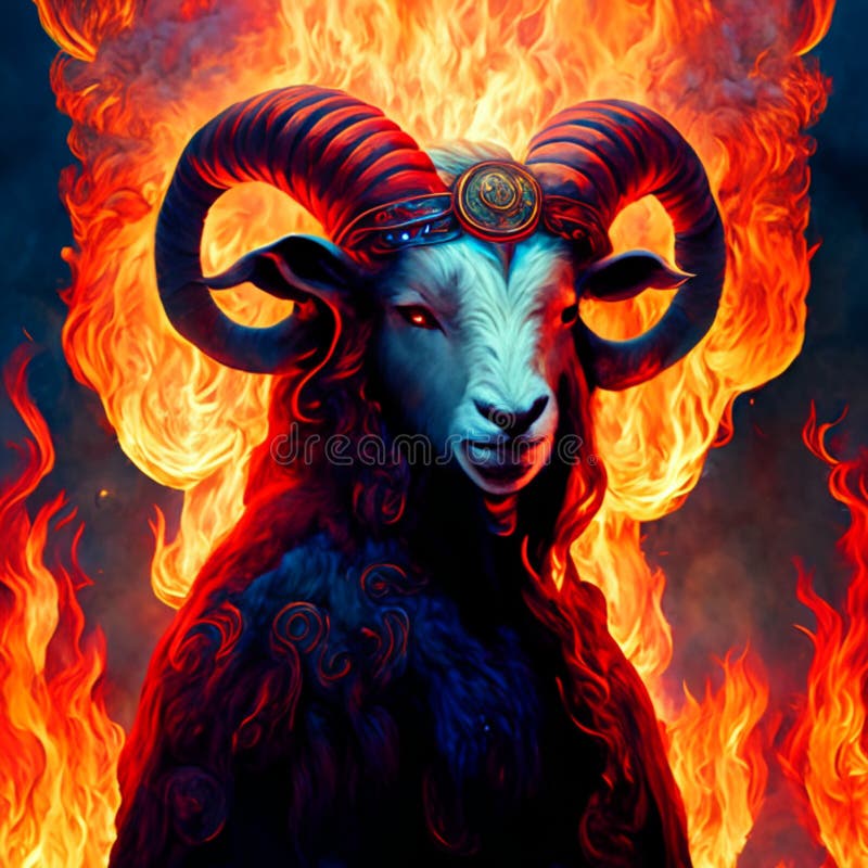 A Ram with Horns on a Background of Burning Fire. 3d Illustration AI ...