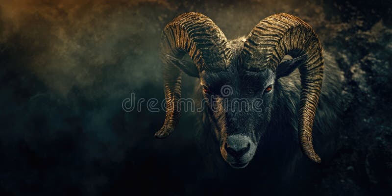 Ram with Horns is Shown in a Dark Background Stock Image - Image of ...